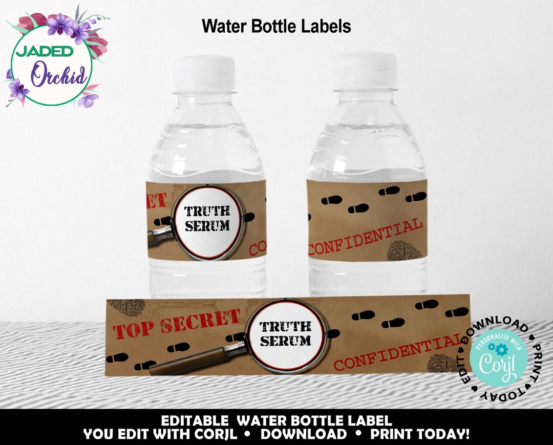 Secret Agent Water Bottle Labels , Detective Bottle Label, Spy Water ...