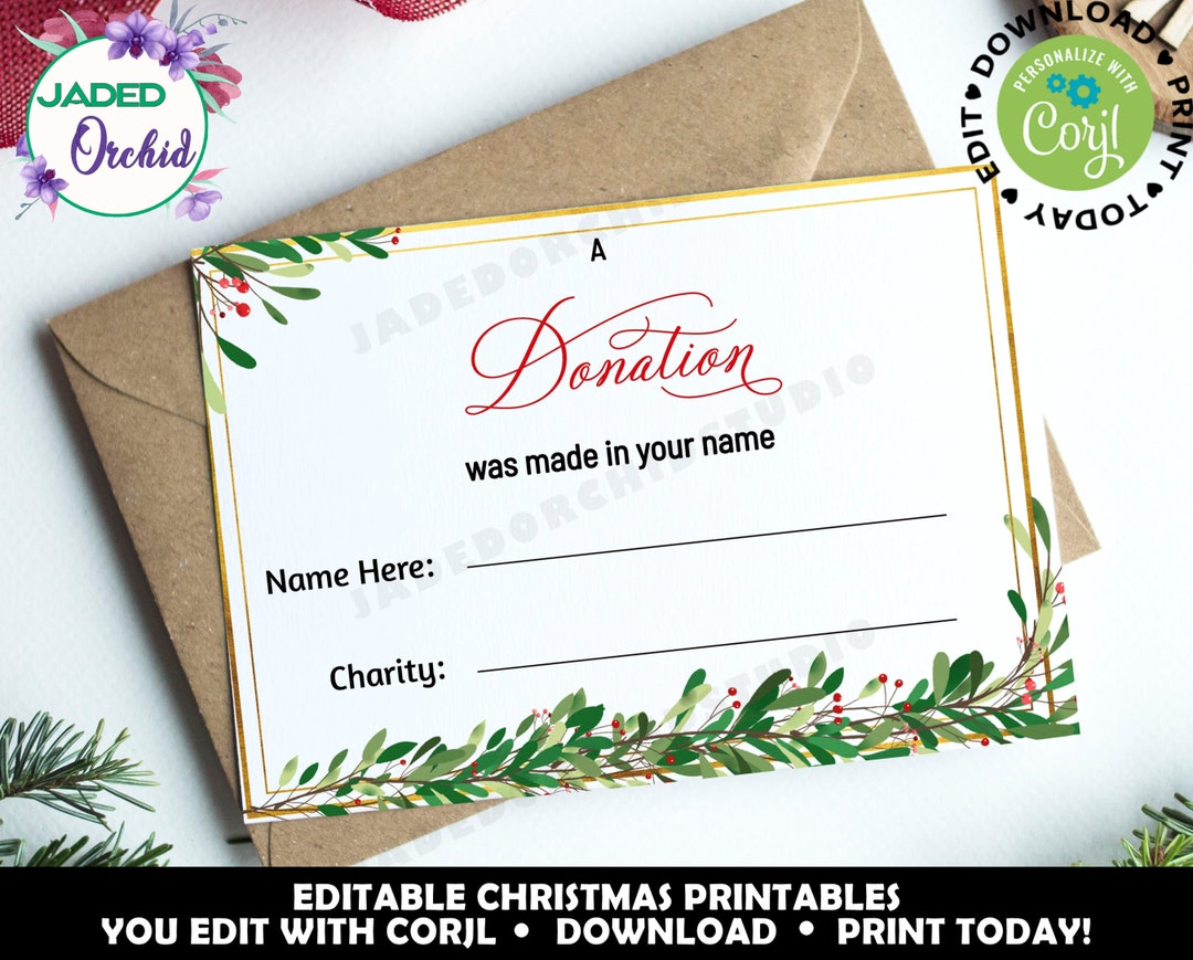 Editable Charity Donation Card, Holiday Charity Card, Christmas ...