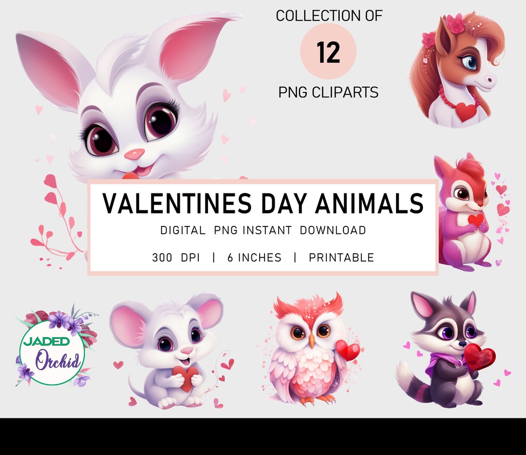 Valentines Day Animal Clipart PNG Digital Download, Colorful Valentine ...