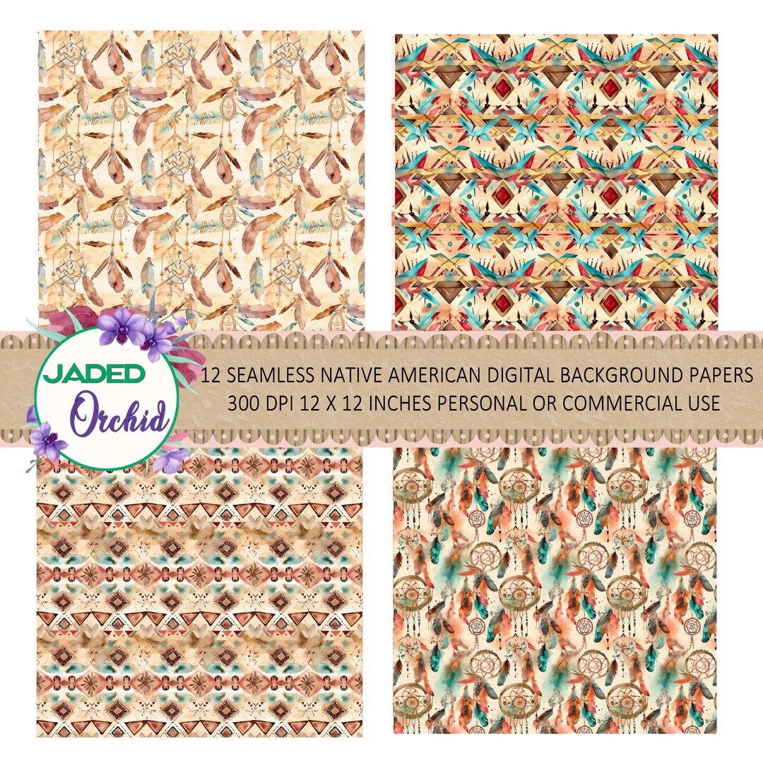 Native American Digital Seamless Pattern Paper, Watercolor American ...