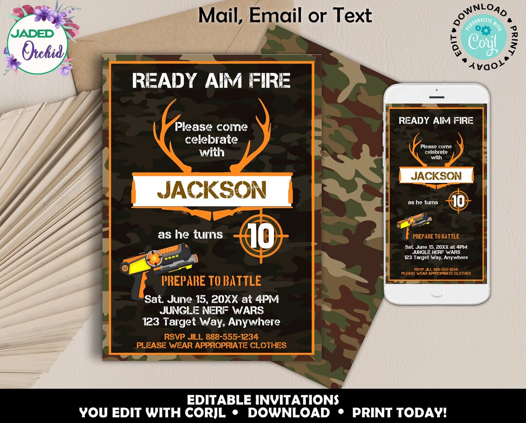 Boys Camo Birthday Invitation, Hunting Party Invitation Template, Dart ...