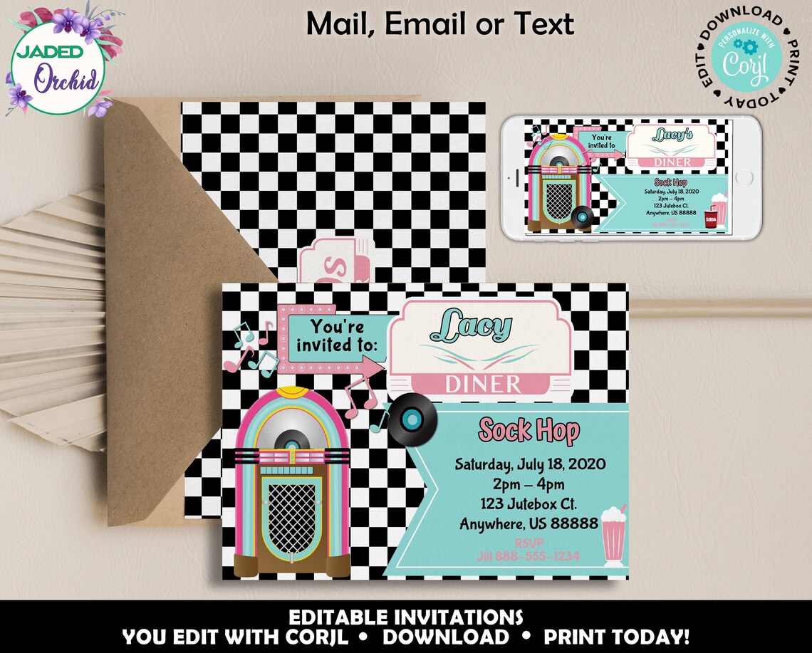 EDITABLE Sock Hop Party Invitations 60s Birthday Invitations | Etsy