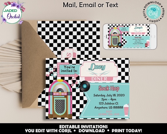 EDITABLE Sock Hop Party Invitations 60s Birthday Invitations | Etsy