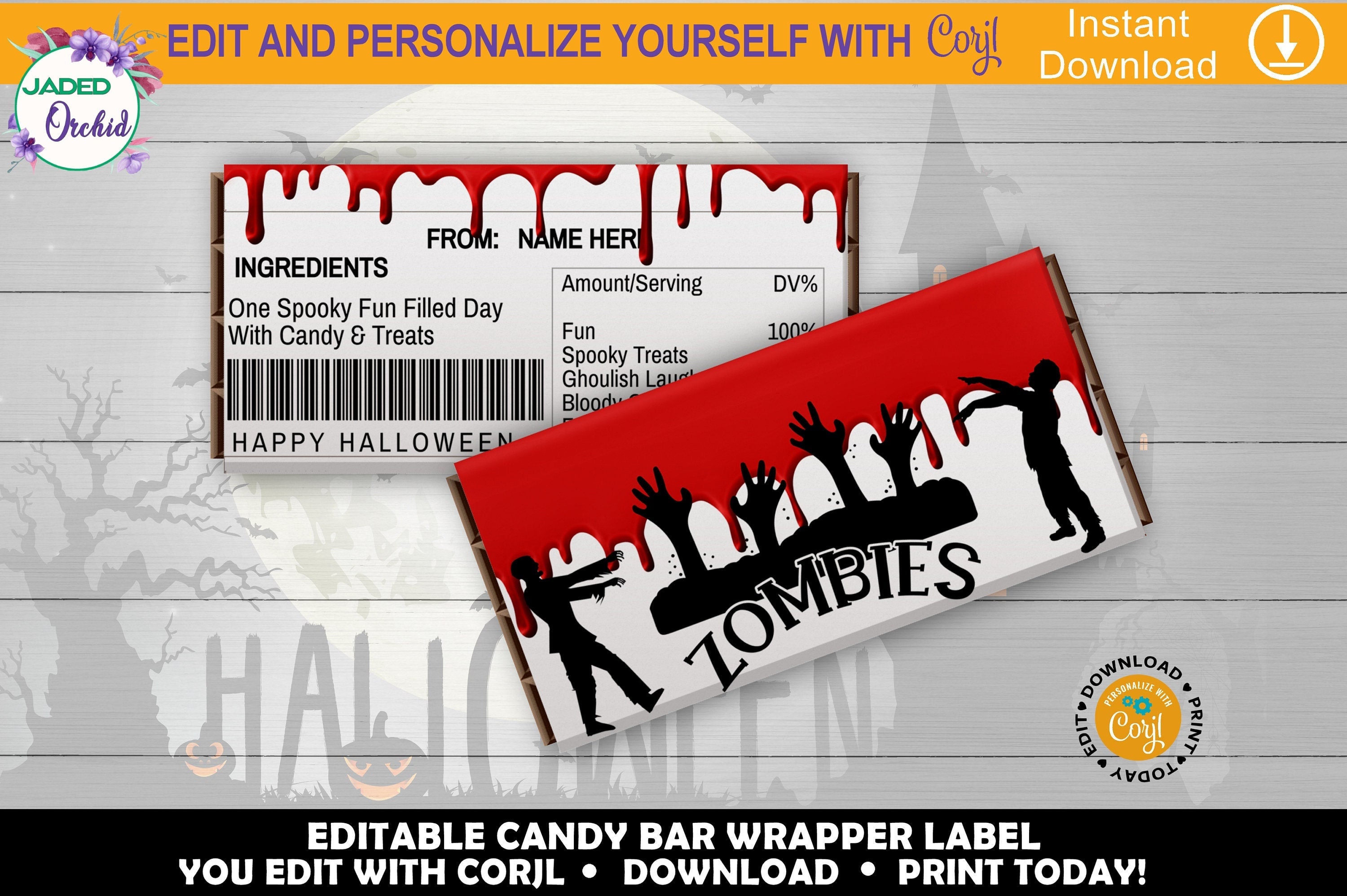 Printable Zombie Chocolate Candy Bar Labels Halloween - Etsy