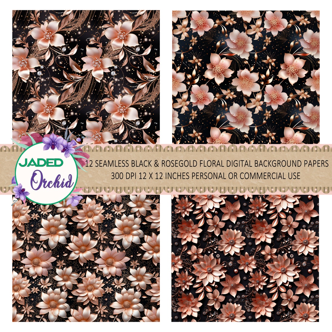 Printable Black and Rose Gold Flower Background Paper, Rose Gold Flower ...