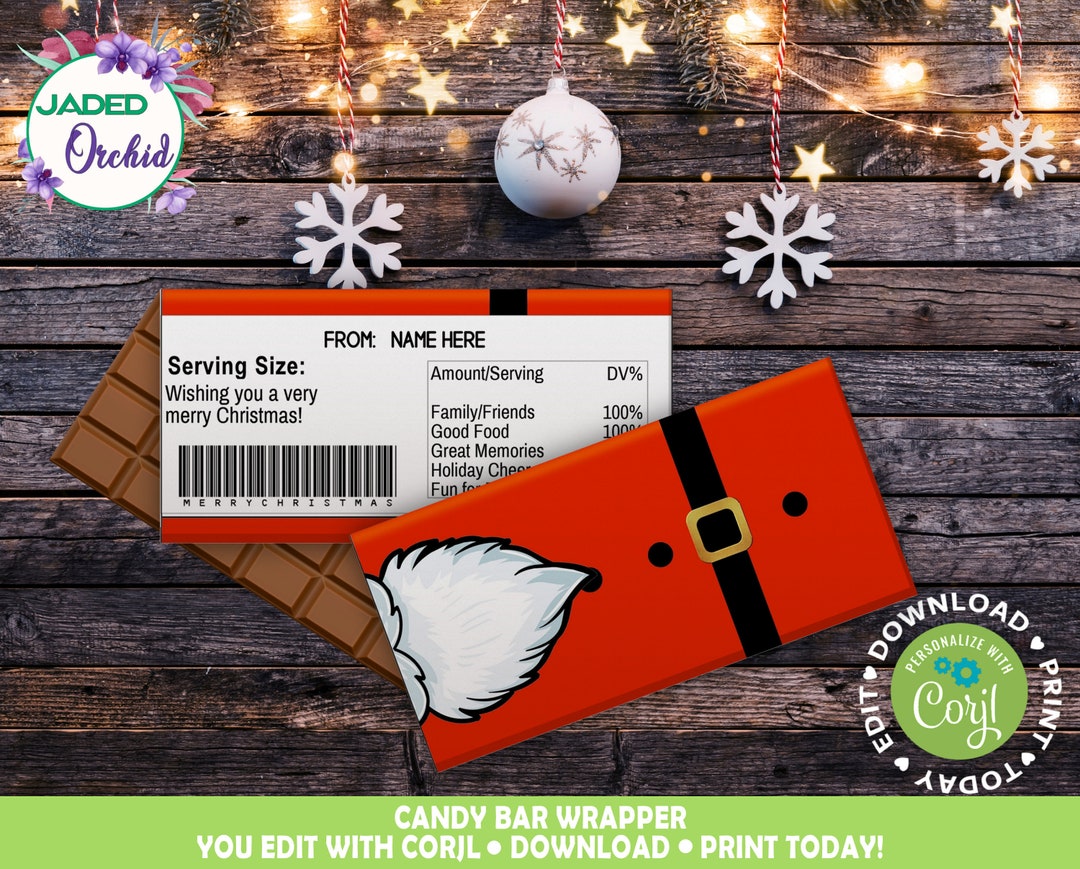Santa Christmas Full Size Chocolate Bar Wrappers, Personalized Candy ...