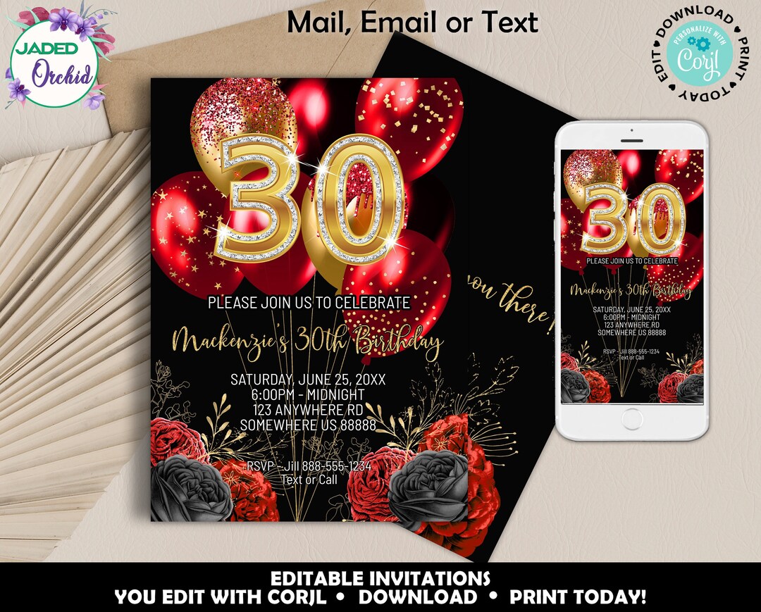 Red 30th Birthday Party Invitation Red and Gold 30th Birthday ...