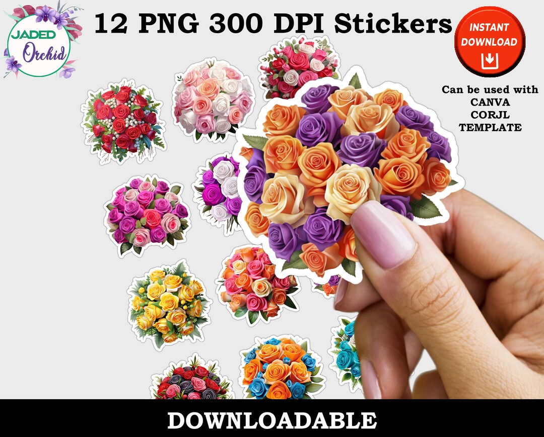 Printable Rose Stickers, Beautiful Floral Print and Cut Digital PNG ...