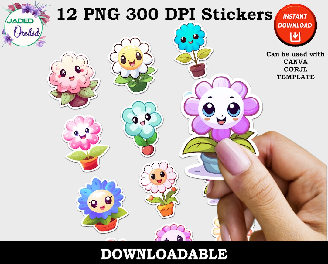 Flower Pot Stickers, Colorful Flower Stickers, 12 Print and Cut Digital ...