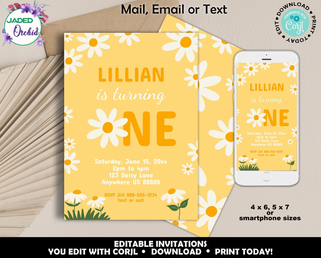 Editable Daisy First Birthday Invitation, Retro Daisy Birthday Invite ...