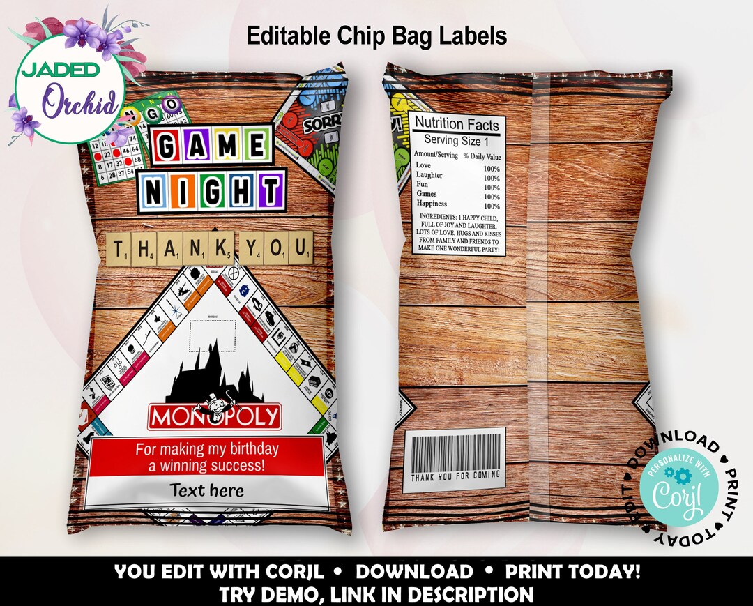 Game Night Birthday Chip Bag Label, Printable Game Night Label ...