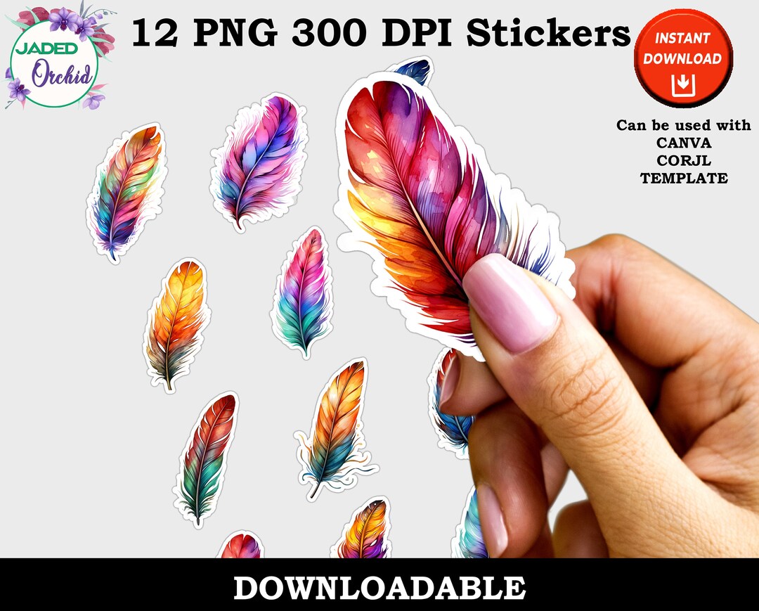 Feather Stickers, Print and Cut PNG Digital Sticker Sheet, 12 Designs ...