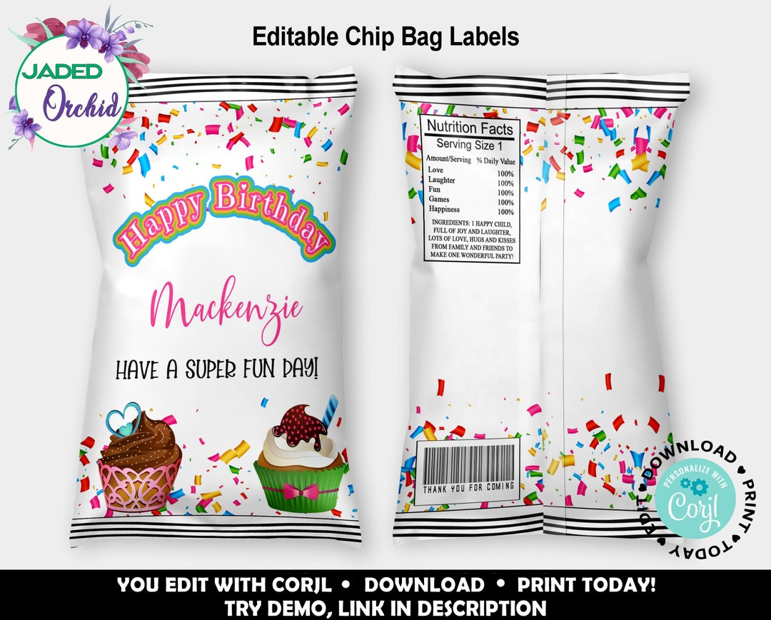 Printable Birthday Party Chip Bag, Editable Chip Bag Label, Happy ...