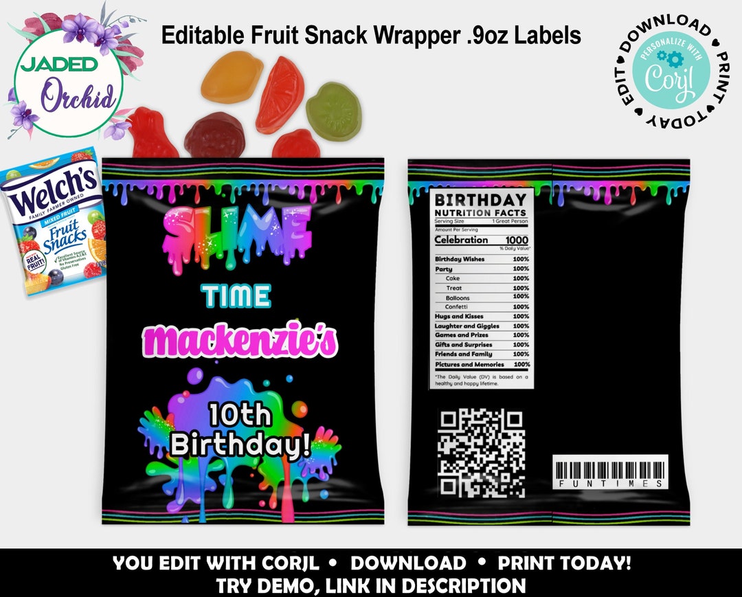 Slime Birthday Fruit Snack Wrapper Label, Printable Slime Label ...