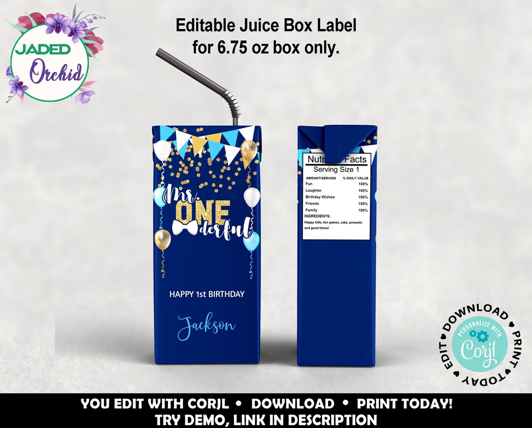 Printable Mr Onederful Birthday Juice Box Wrapper, First Birthday Juice ...
