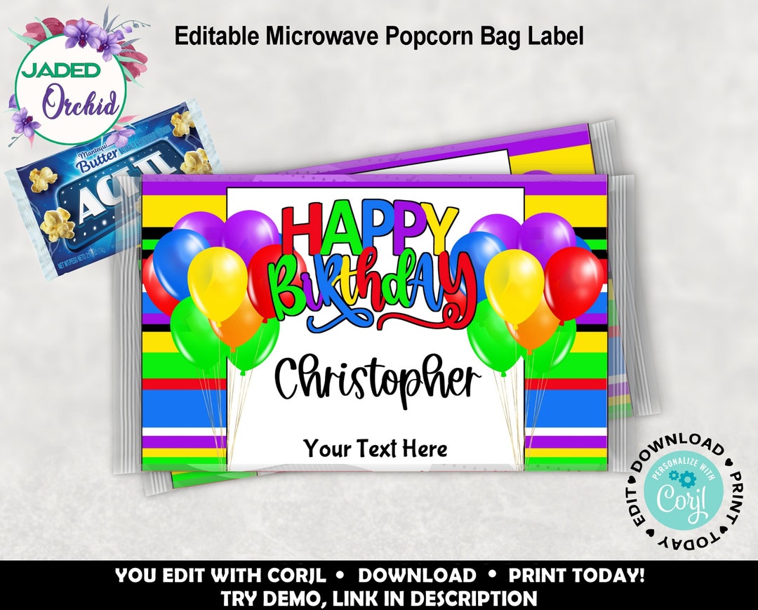 Birthday Microwave Popcorn Wrapper Label, Printable Popcorn Wrapper ...