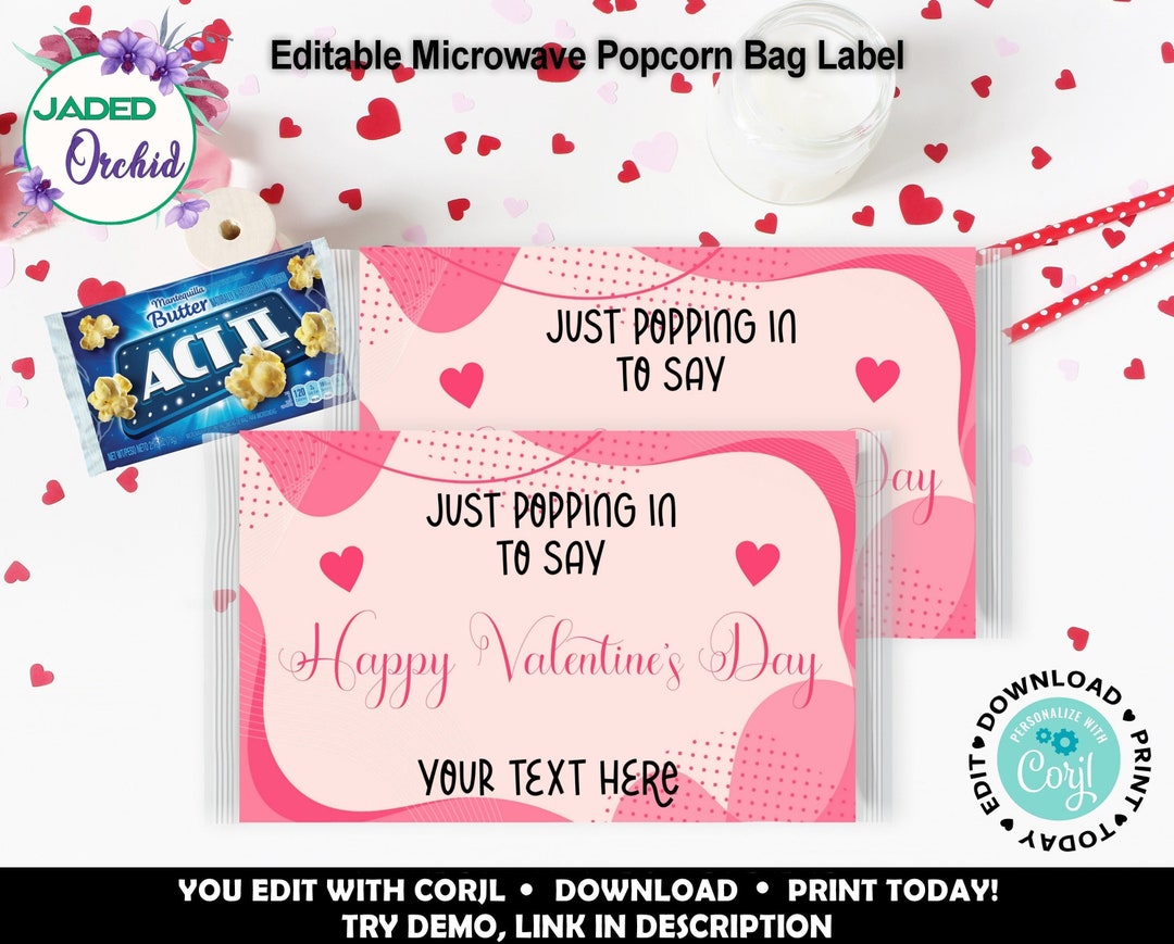 Valentine's Day Microwave Popcorn Wrapper Label, Printable Popcorn ...
