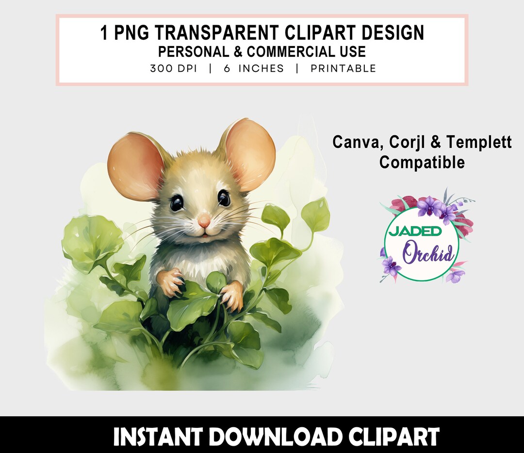 Digital Watercolor Mouse Clipart, Cute Animal Clip Art, Mouse Wall Art ...
