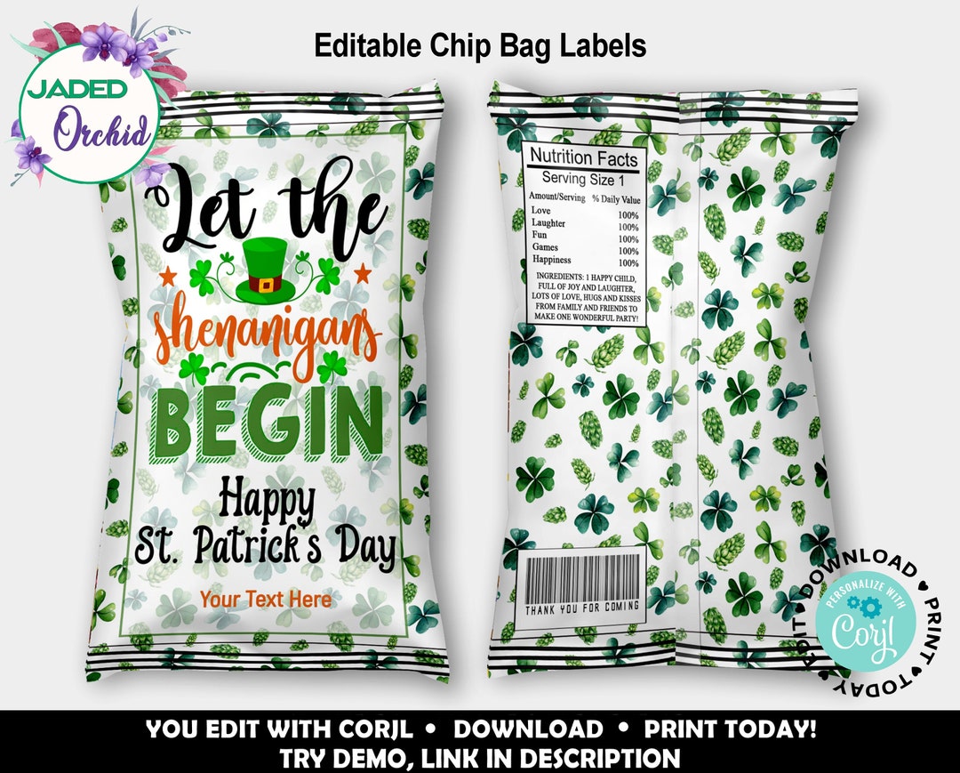 St. Patrick's Day Party Favor Chip Bag Label, St. Patrick's Day Party ...