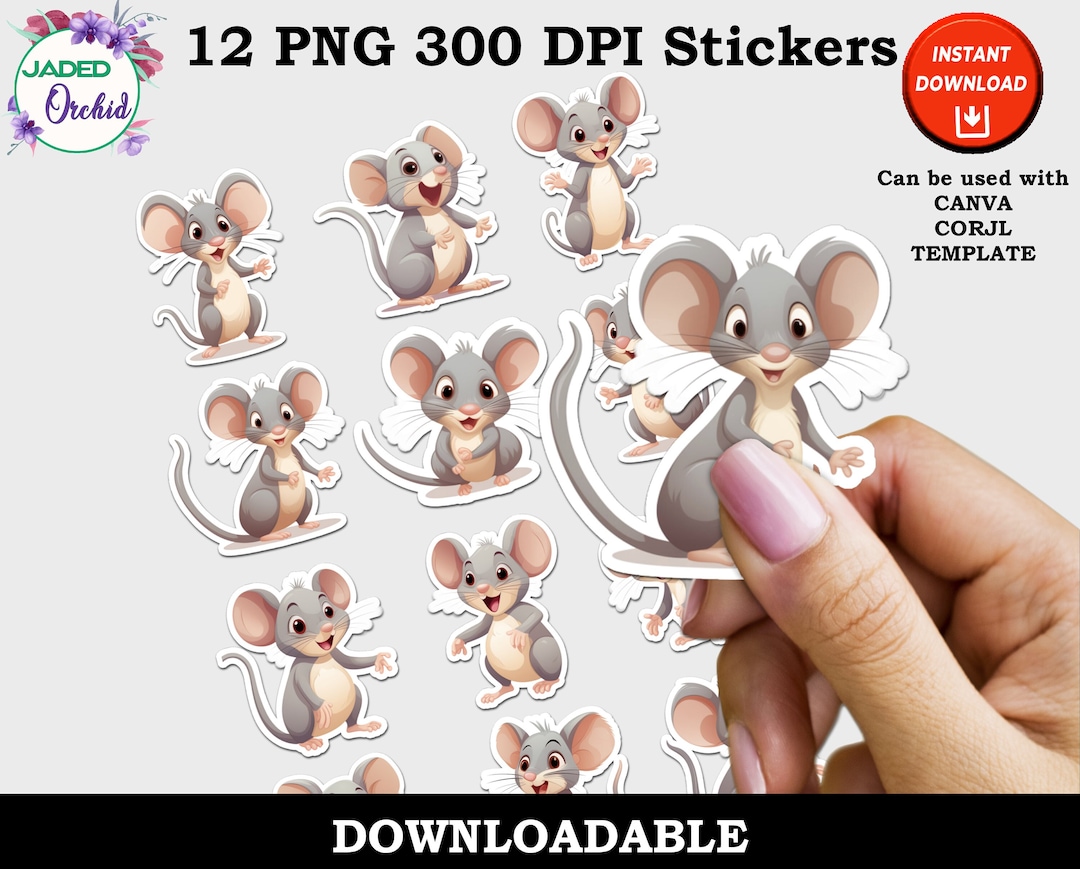 Fun Mice Stickers, Cartoon Mouse Stickers, 12 Print and Cut Digital PNG ...