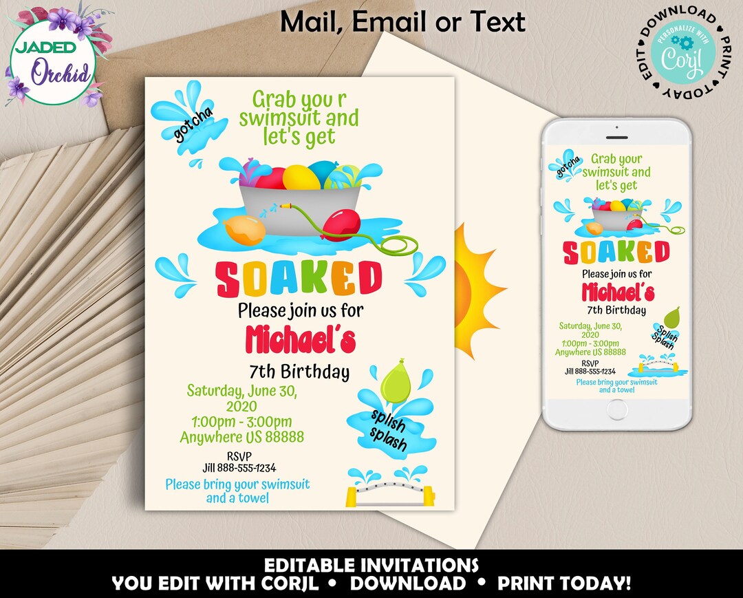 Water Balloon Fight Birthday Party Invitation, Water Slide Party Invite ...
