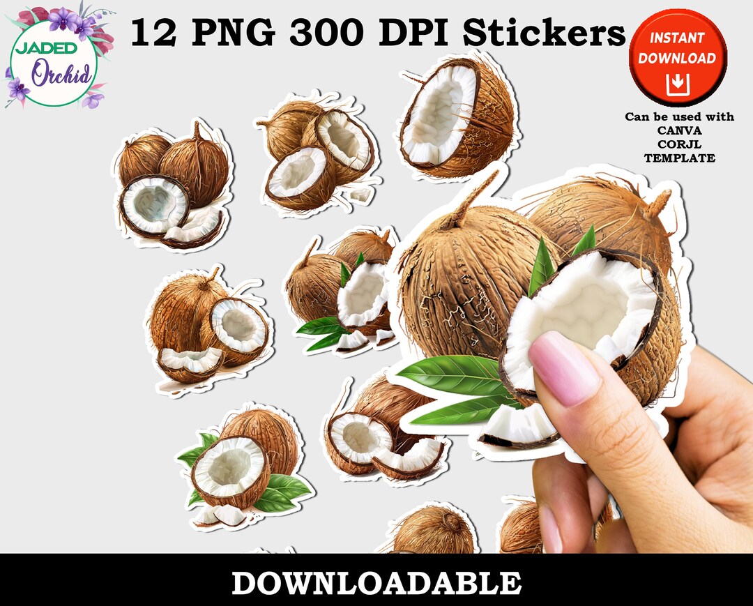 Tropical Coconut Stickers, Coconut Print and Cut Digital PNG Sticker ...