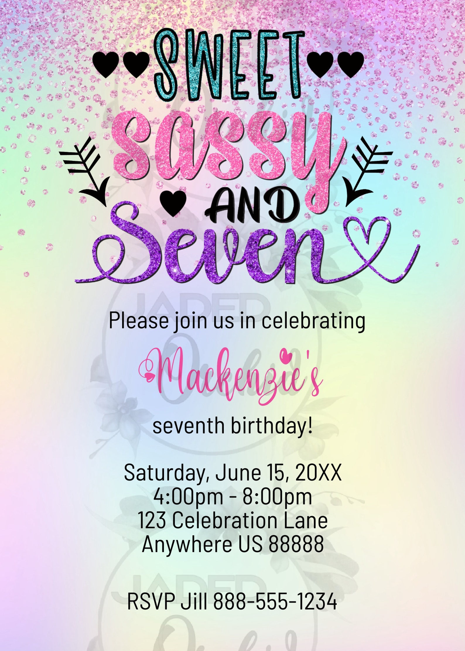 Girls 7th Birthday Invitation Sweet Sassy and Seven Birthday - Etsy