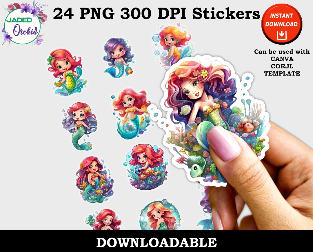 Girls Mermaid Print and Cut Digital PNG Sticker Sheet, 24 Different ...