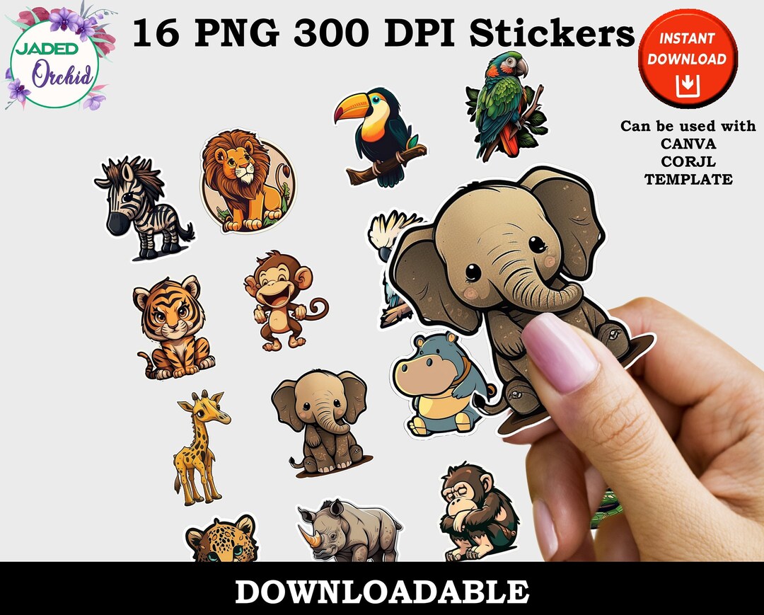 Jungle Animals Print and Cut Digital PNG Sticker Sheet, 16 Different ...