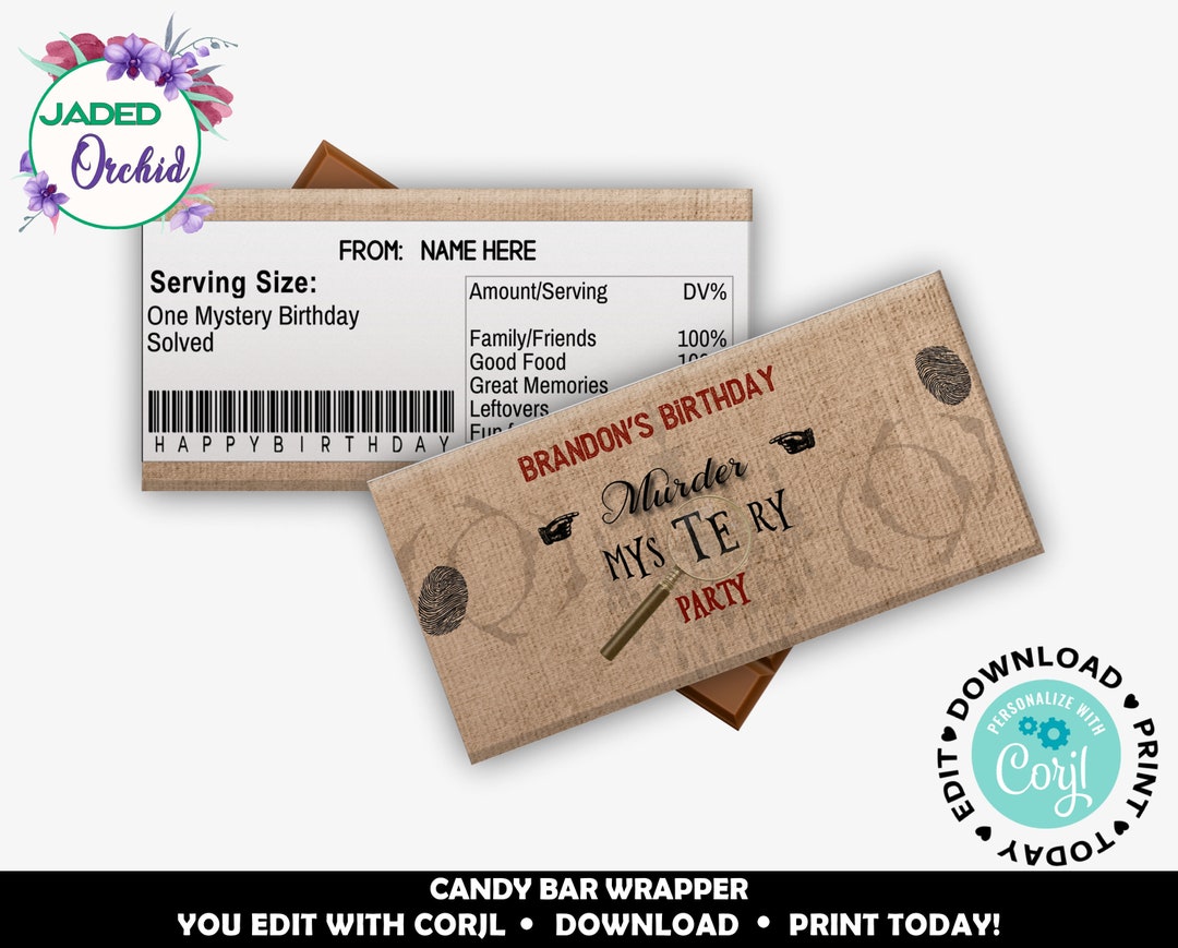 Birthday Murder Mystery Candy Bar Wrappers, Murder Mystery Candy Bar ...