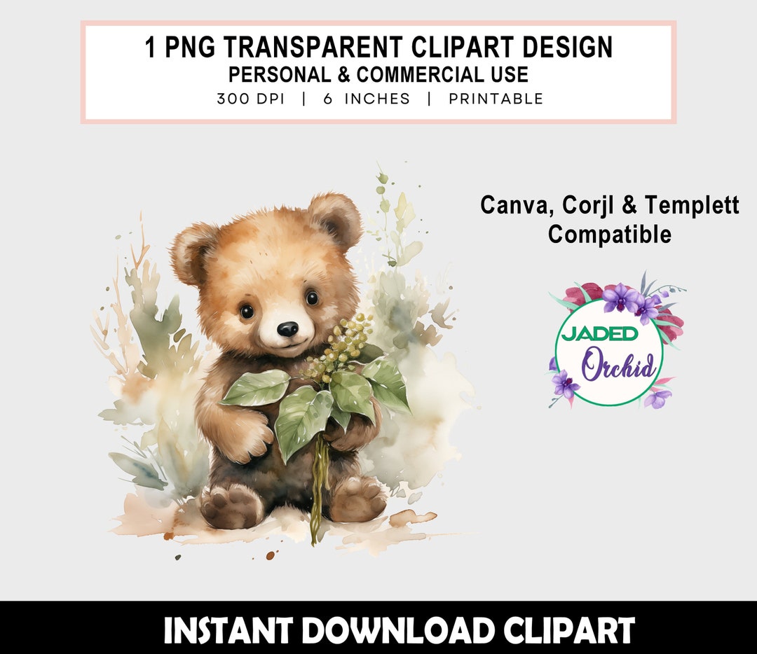 Cute Watercolor Bear Clipart, Cute Animal Clip Art, Bear Wall Art ...