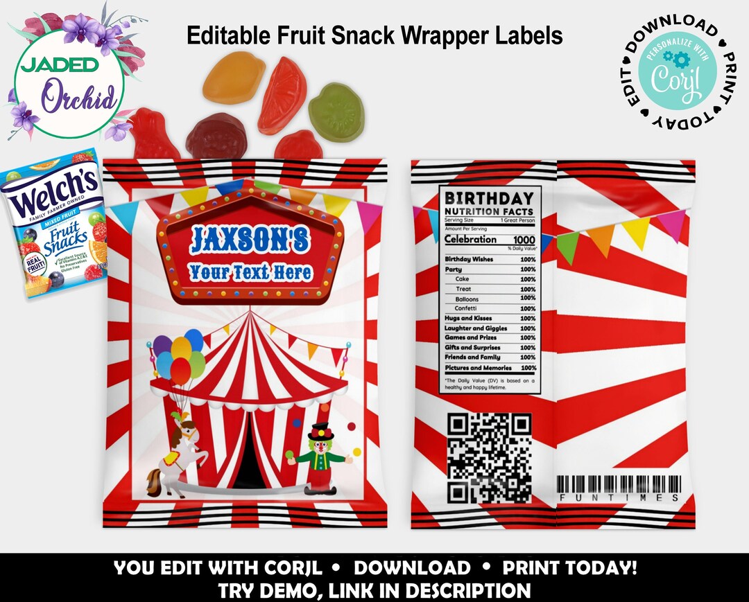 Circus Birthday Party Label, Carnival Fruit Snack Label, Carnival Fruit ...