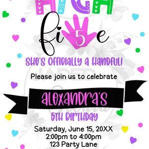 Girls 5th Birthday Invitation, Printable High Five Birthday Party ...