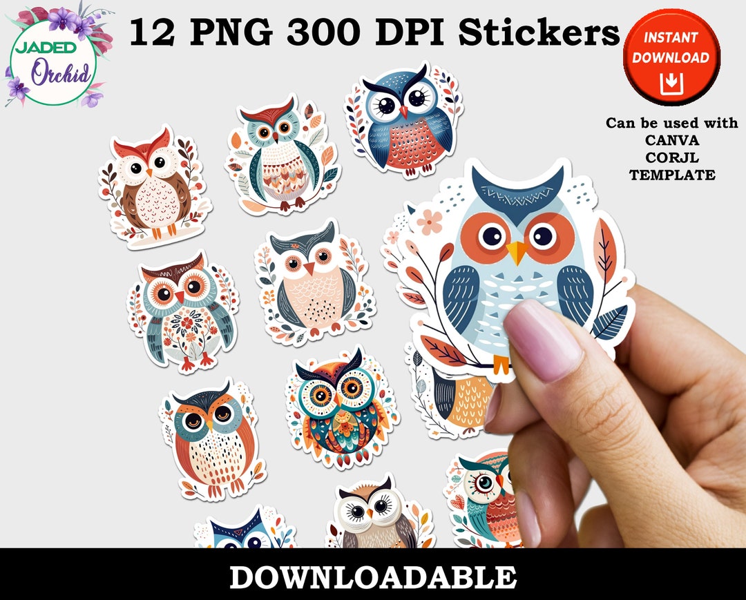 Scandinavian Owl Stickers, Cute Owl Stickers, 12 Print and Cut Digital ...
