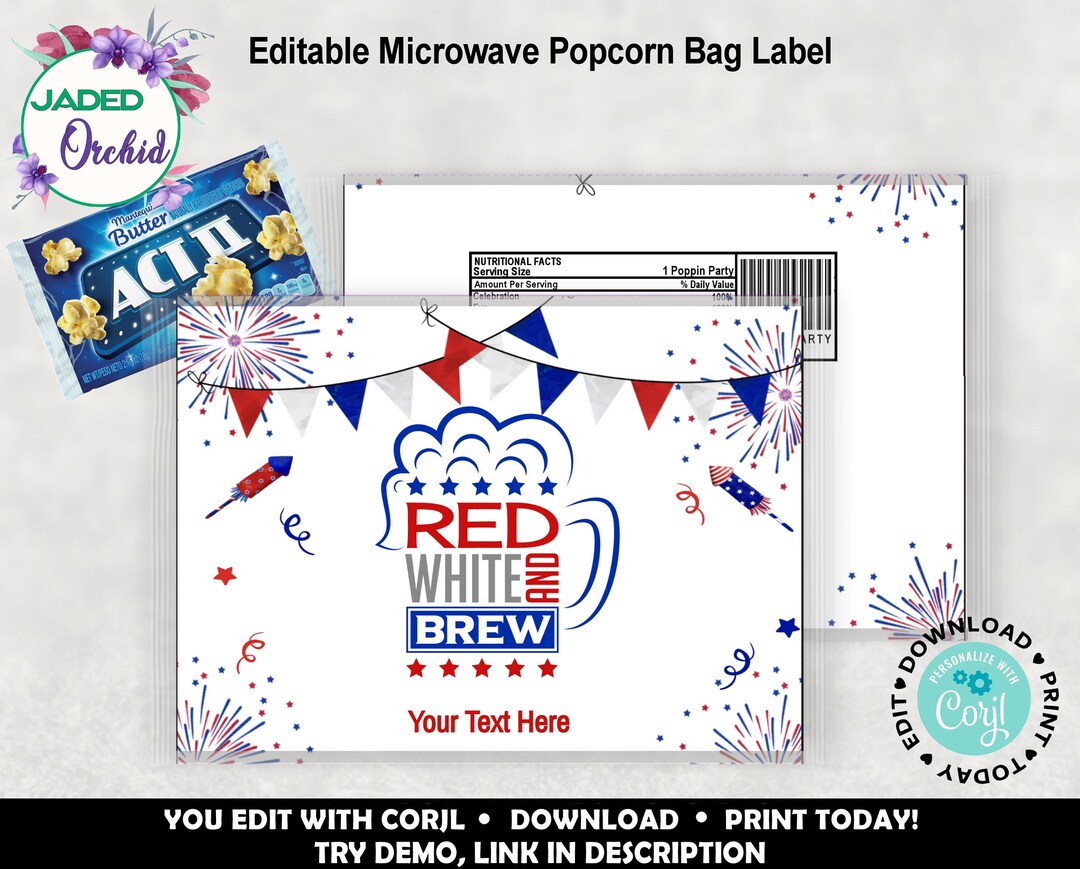 Printable 4th of July Popcorn Wrapper Label, 4th of July Party Favor ...