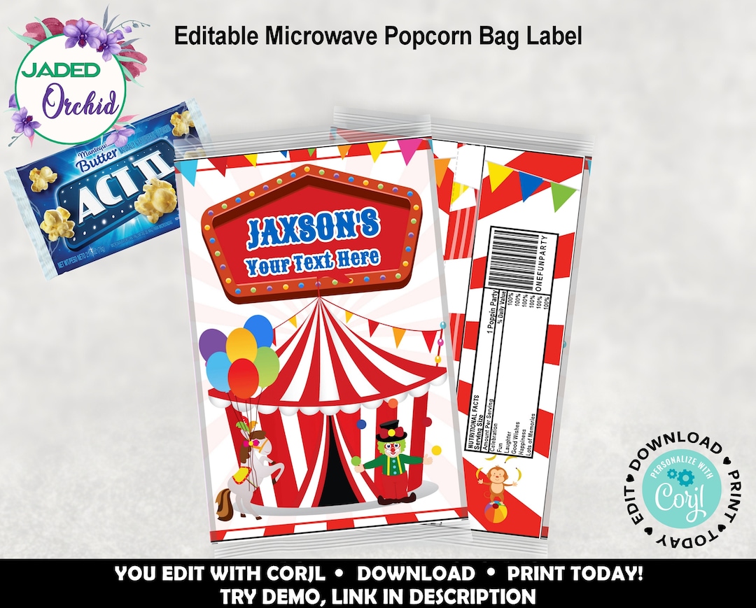 Printable Circus Birthday Microwave Popcorn Wrapper, Circus Birthday ...
