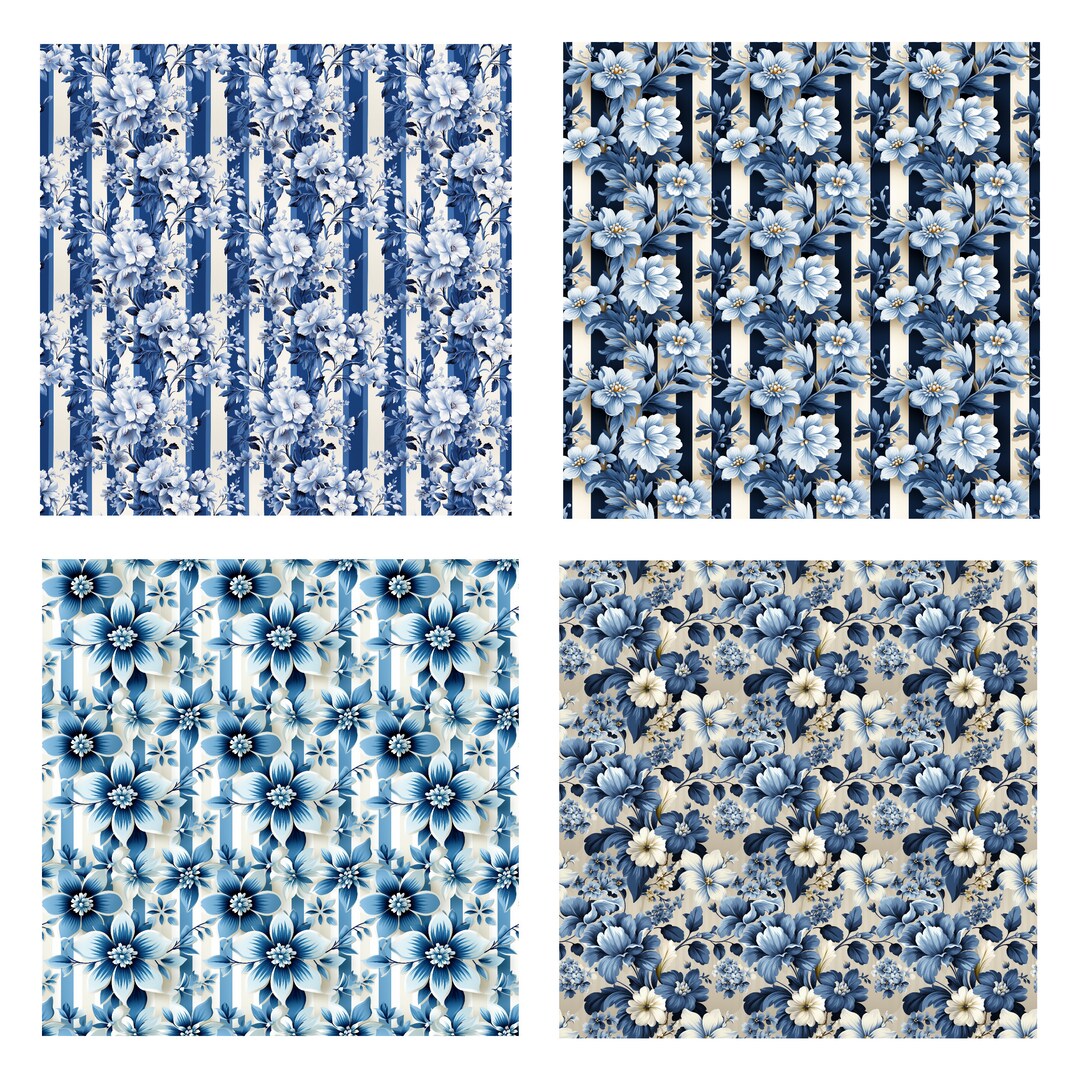 Blue Floral Digital Paper, Blue Flower Digital Seamless Pattern Paper ...