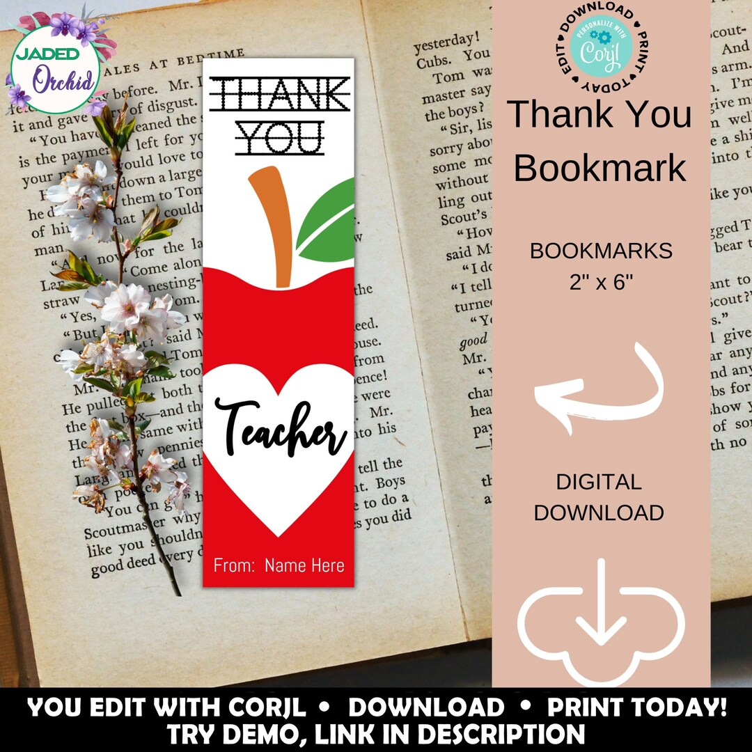 Teacher Appreciation Bookmark, Thank You Teacher Bookmarkers, Thank You ...