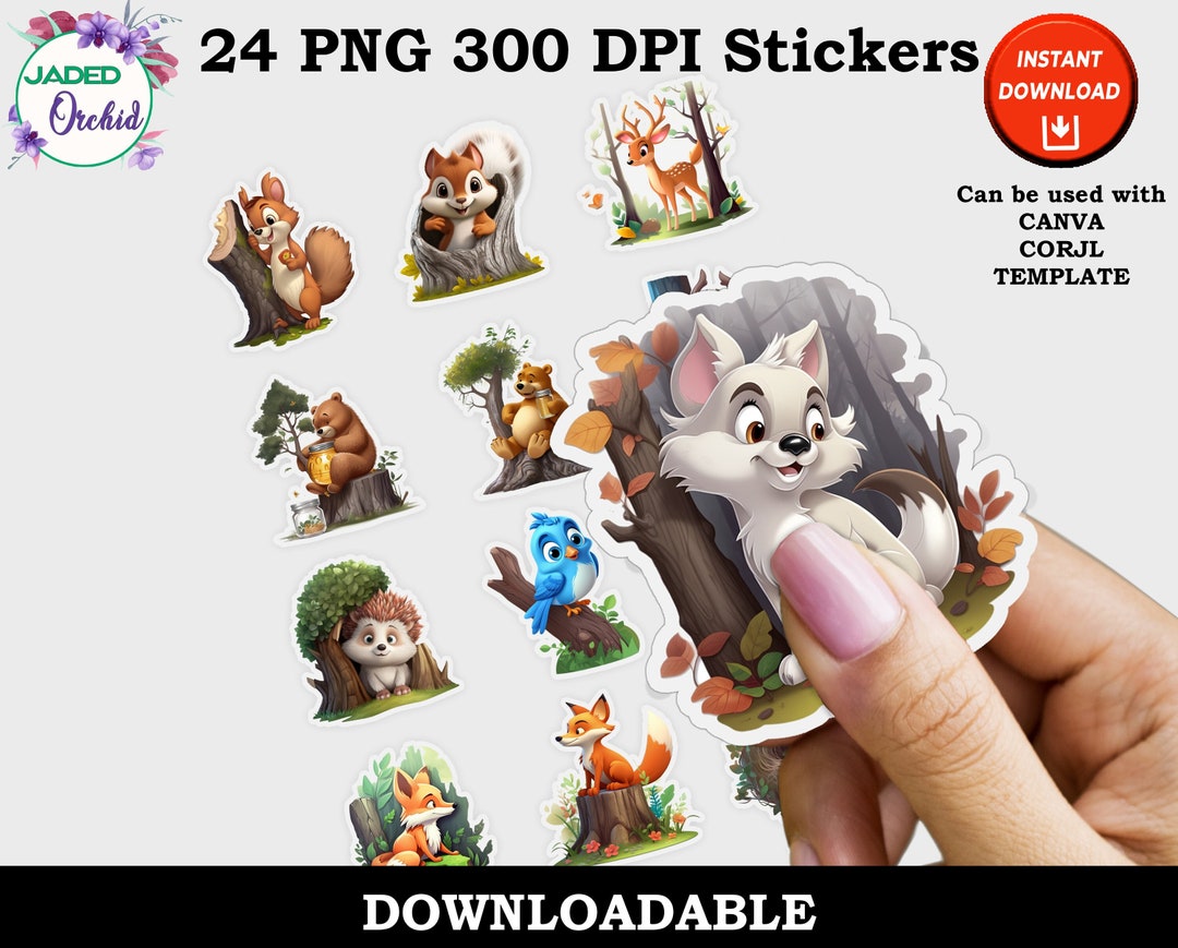 Printable Woodland Animals Print and Cut Digital PNG Sticker Sheets, 24 ...