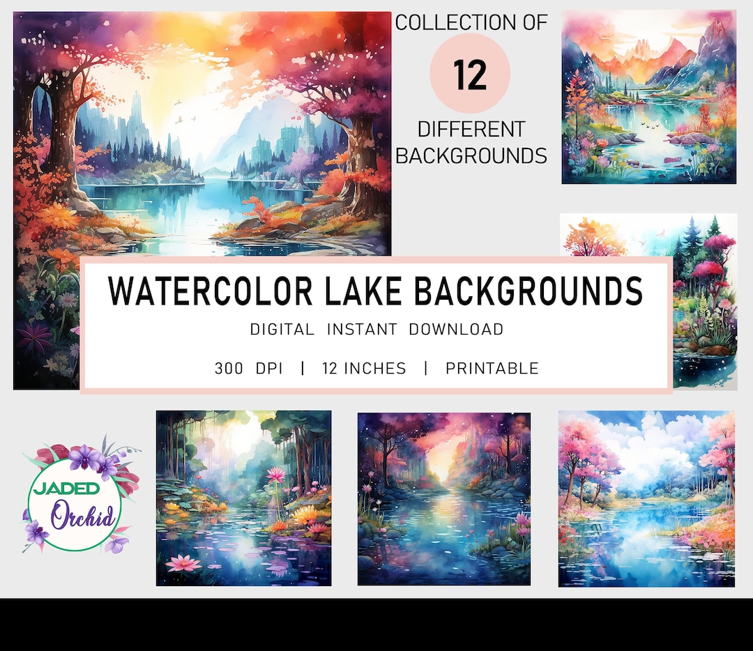 Colorful Lake Scenes Paper, Watercolor Lake Landscape, Woodland Lake ...
