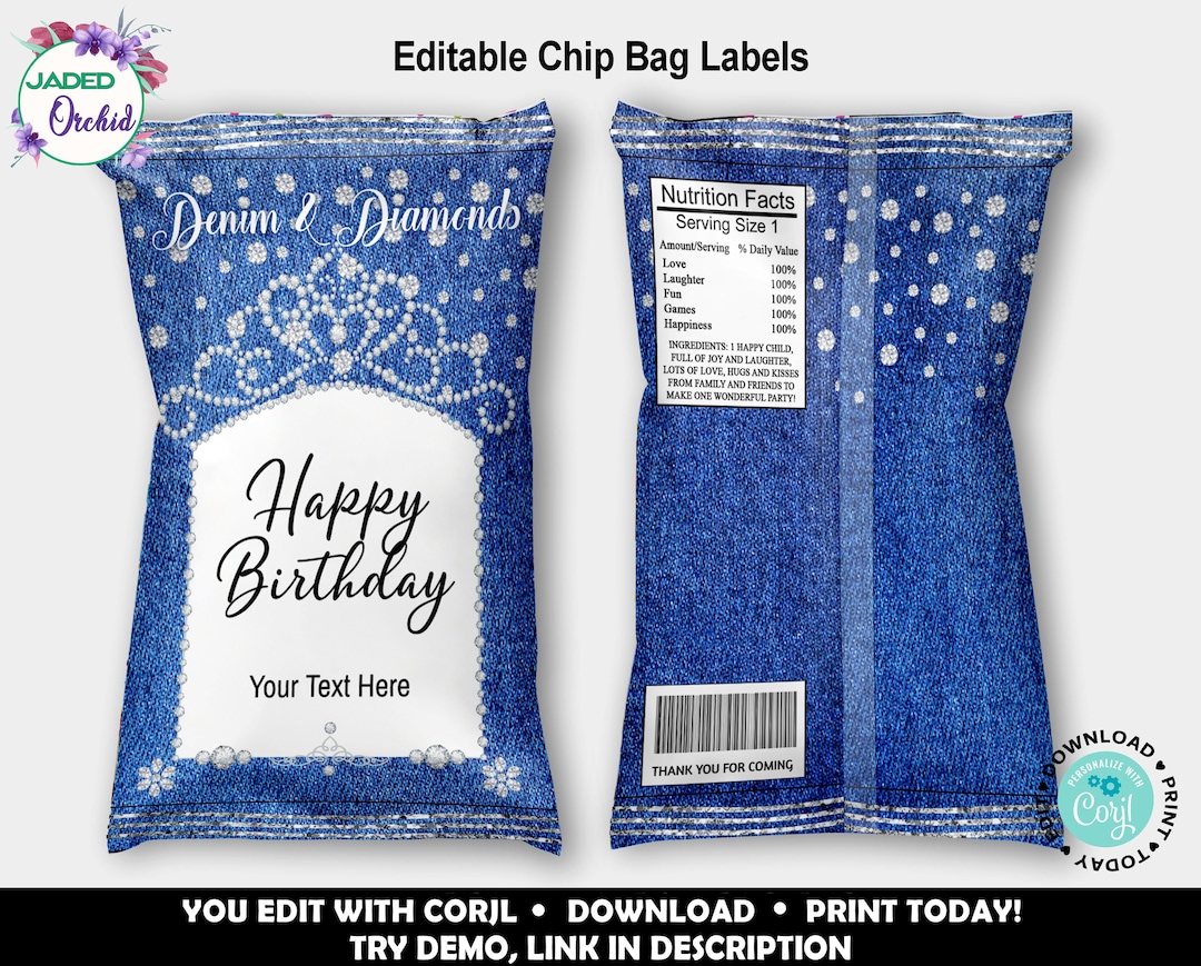 Denim and Diamonds Chip Bag Wrapper, Printable Denim and Diamonds Party ...