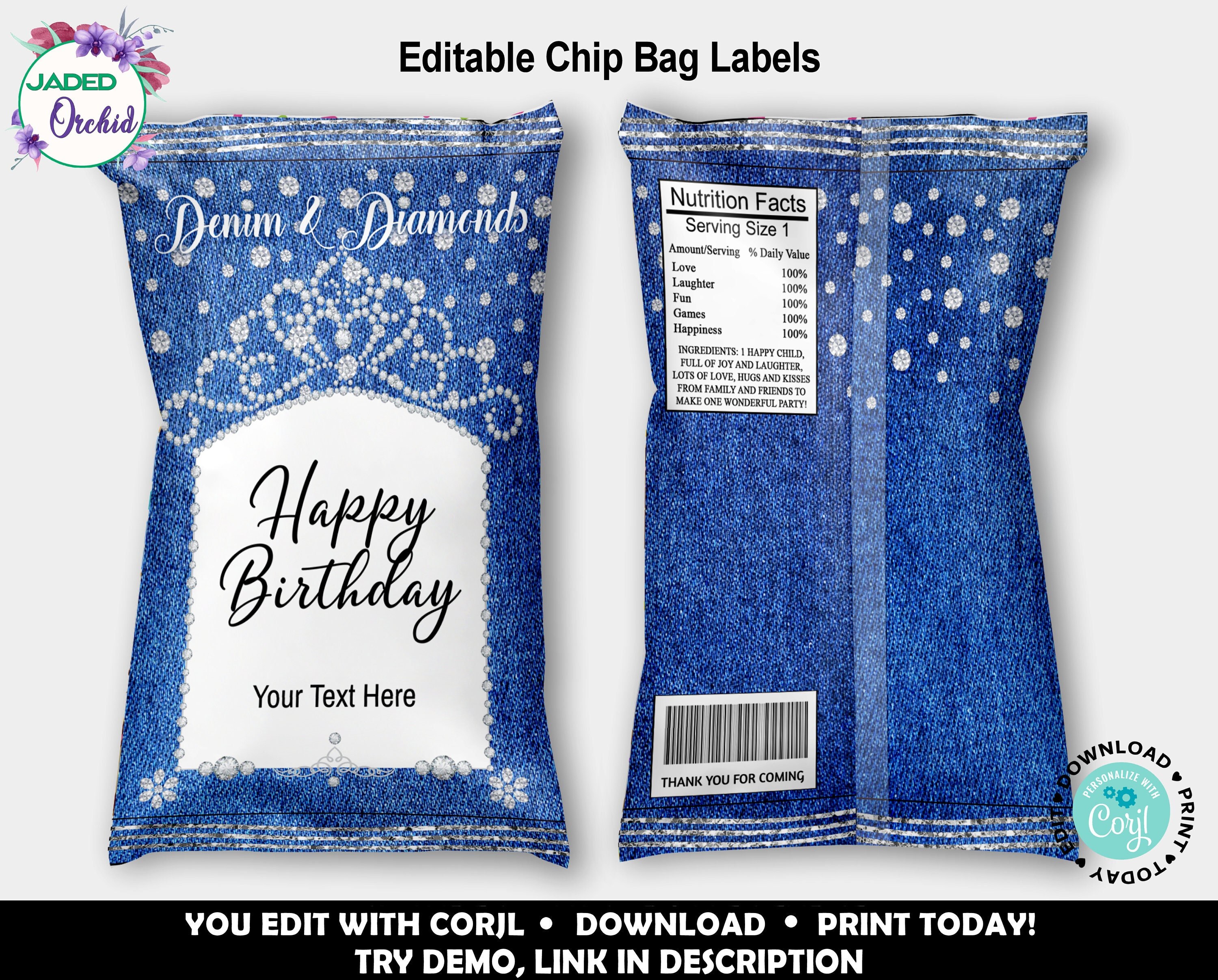 Denim and Diamonds Chip Bag Wrapper Printable Denim and - Etsy