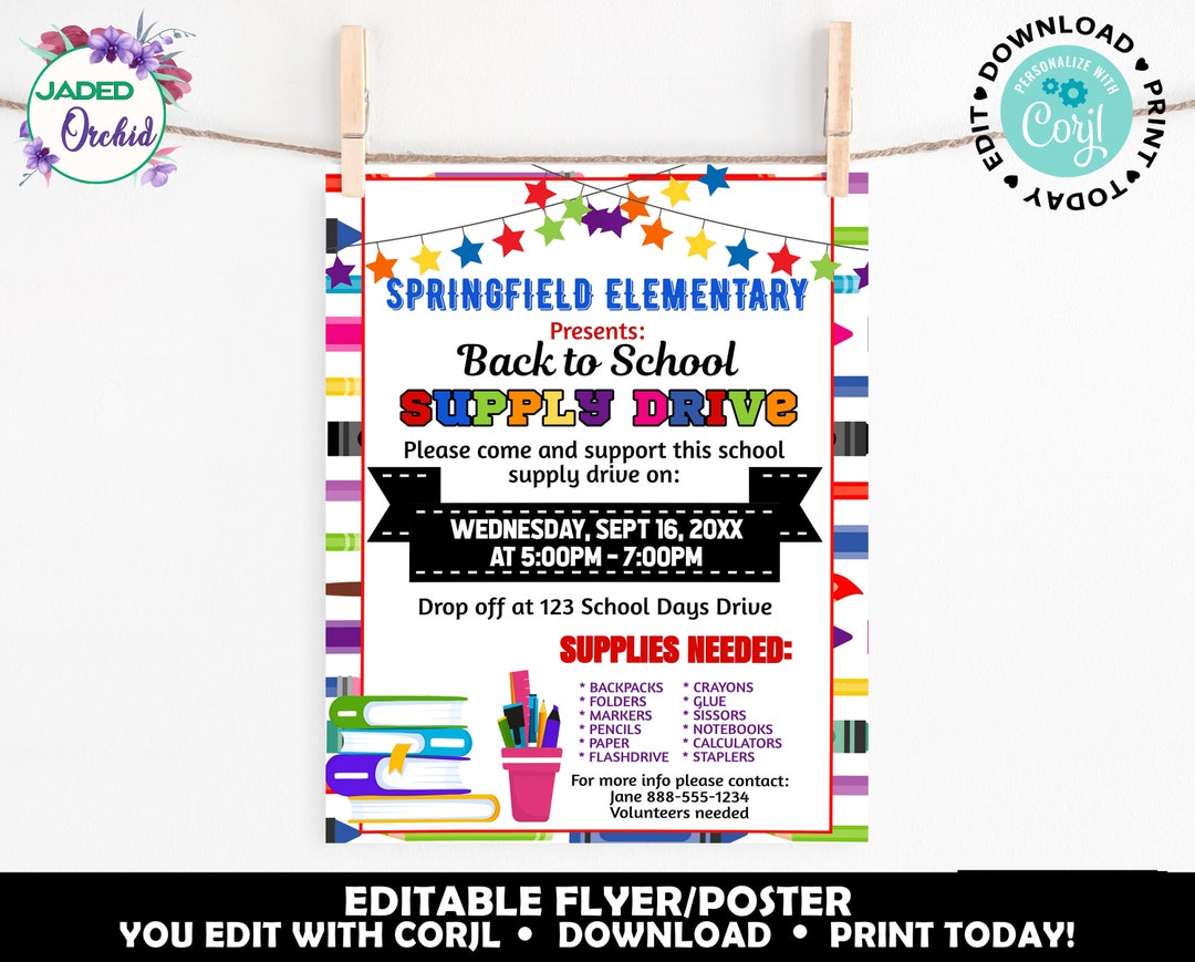 PTA Back to School Supply Drive Flyer, School Supply Drive, PTO School ...