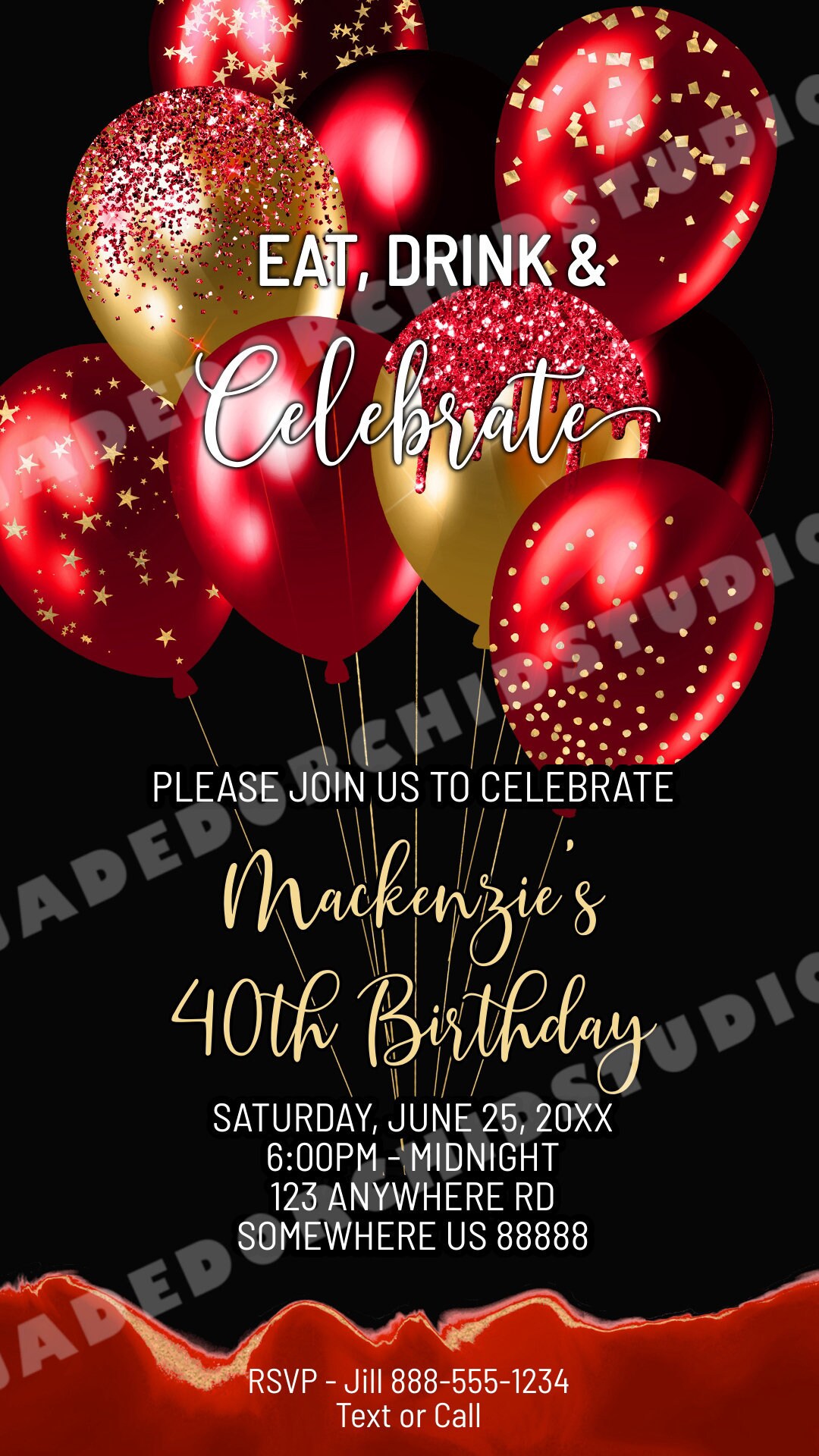 Printable Red Birthday Party Invitation Red and Gold Birthday - Etsy ...
