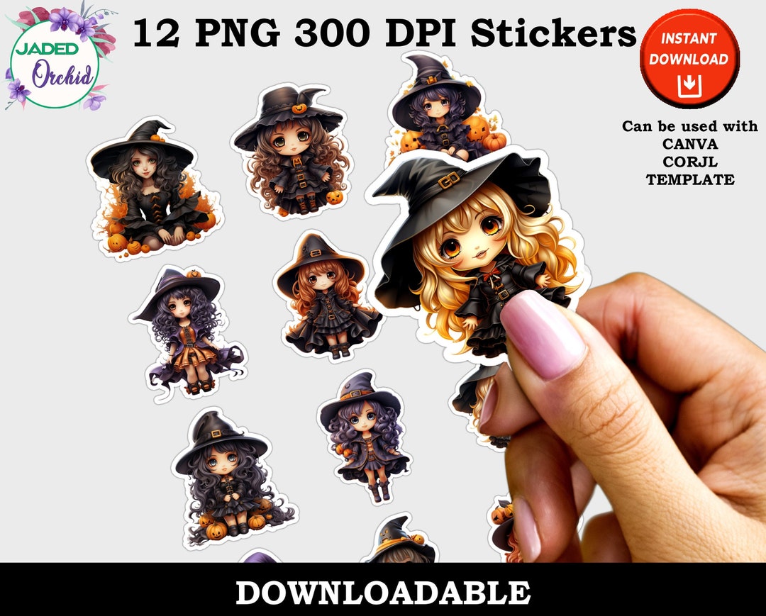 Printable Halloween Witch Stickers, Halloween PNG Sticker Sheets, 12 ...