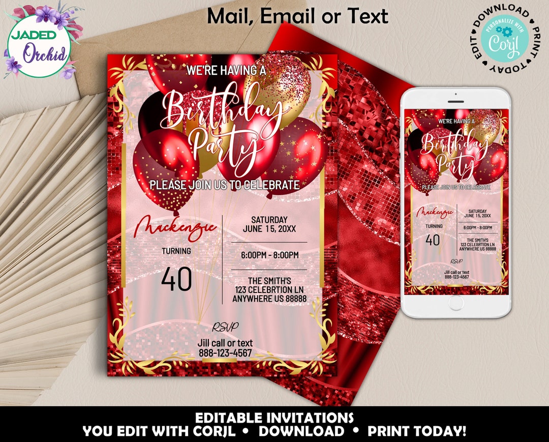 Red Birthday Party Invitation for Her, Girls Red Birthday Invite, Red ...