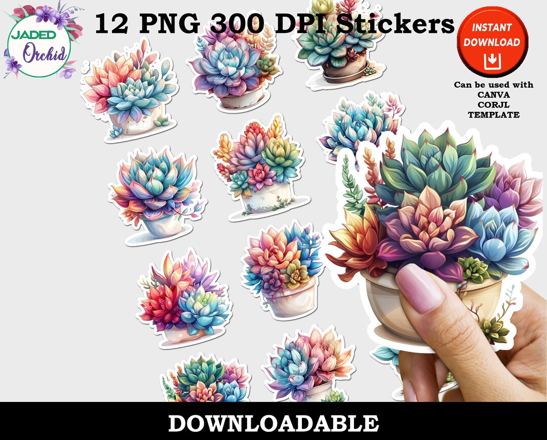 Digital Succulent Stickers, Print and Cut PNG Sheet, 12 Different ...