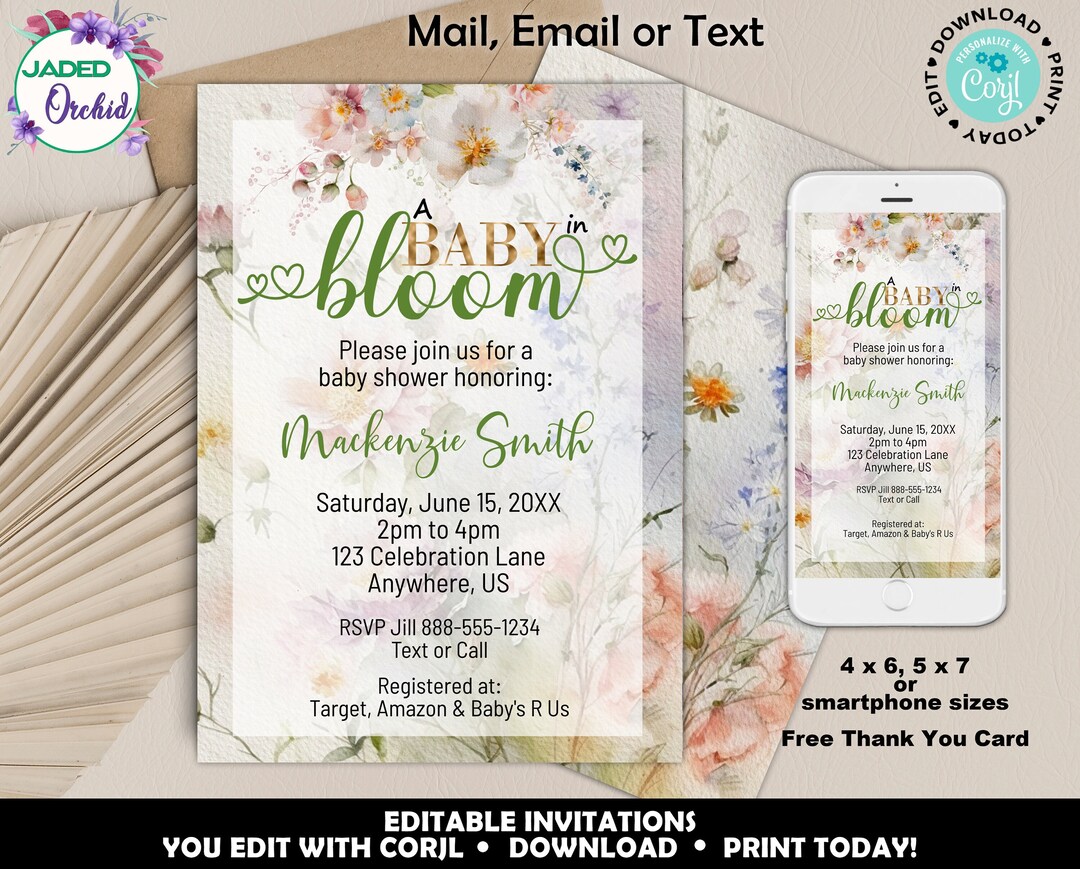 Wildflower Baby in Bloom Invitation, Editable Baby in Bloom Baby Shower ...