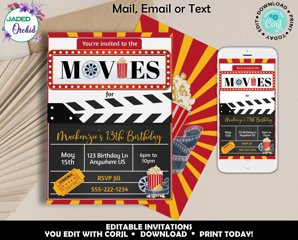Printable Movie Birthday Invitation Movie Night Birthday | Etsy