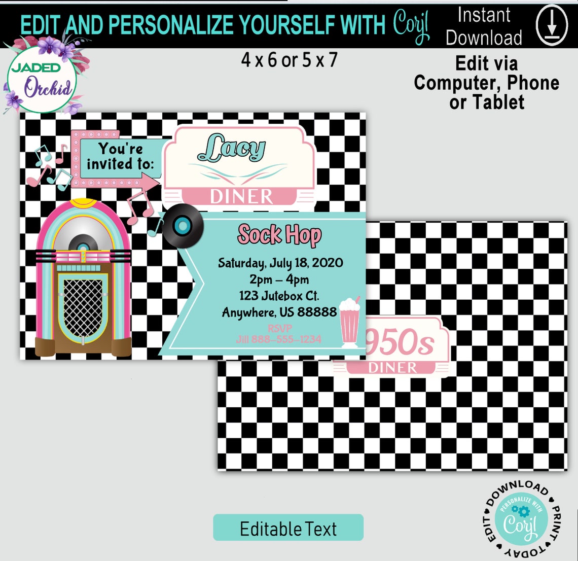 EDITABLE Sock Hop Party Invitations 60s Birthday Invitations | Etsy